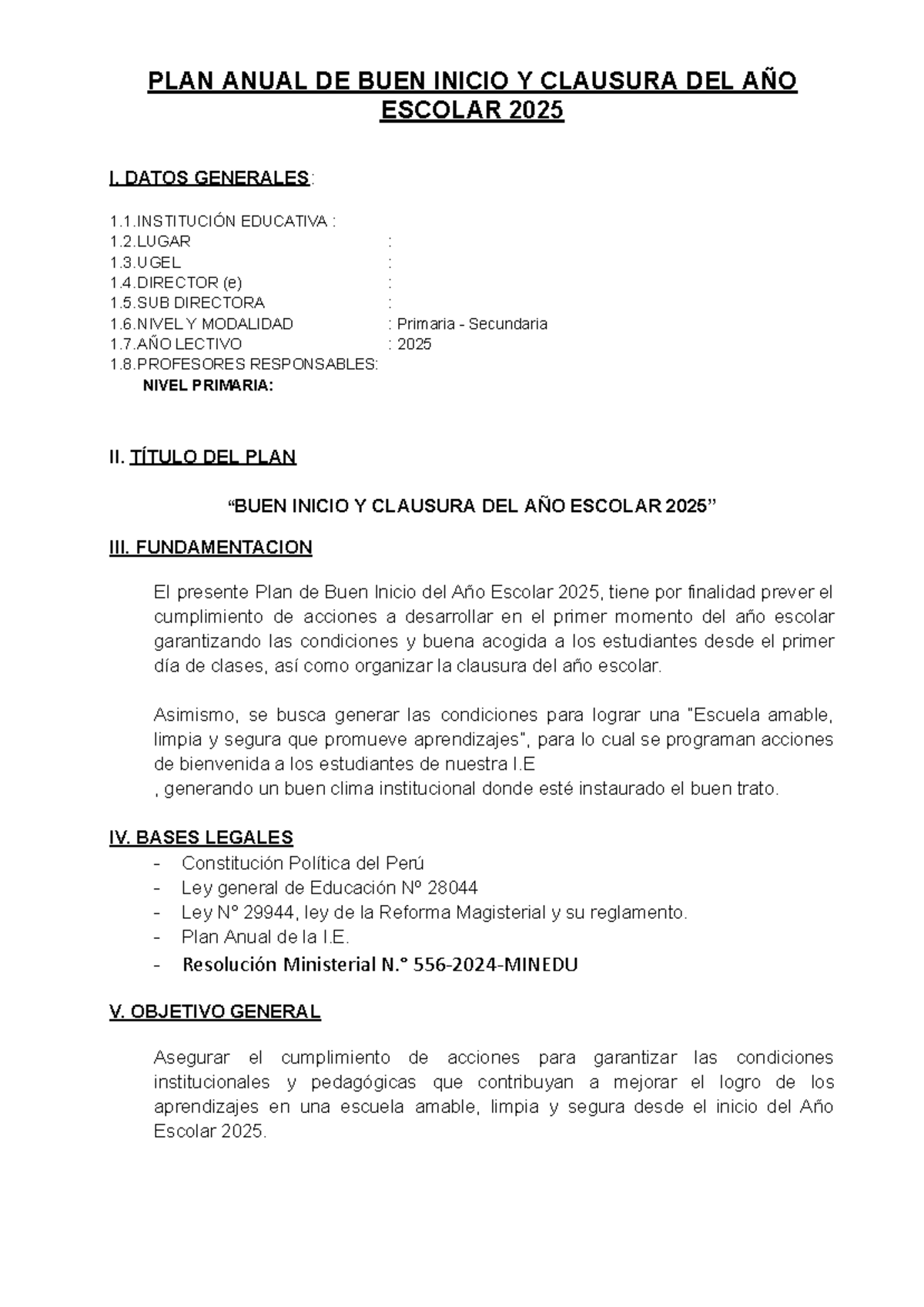 Plan de Trabajo: Buen Inicio y Clausura del Año Escolar 2025 - Studocu