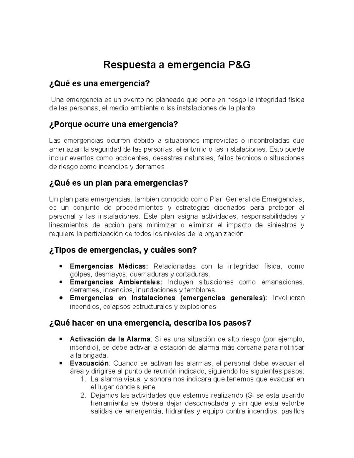 Respuesta a Emergencias: Protocolo en P&G Mariscala - Guía Completa ...