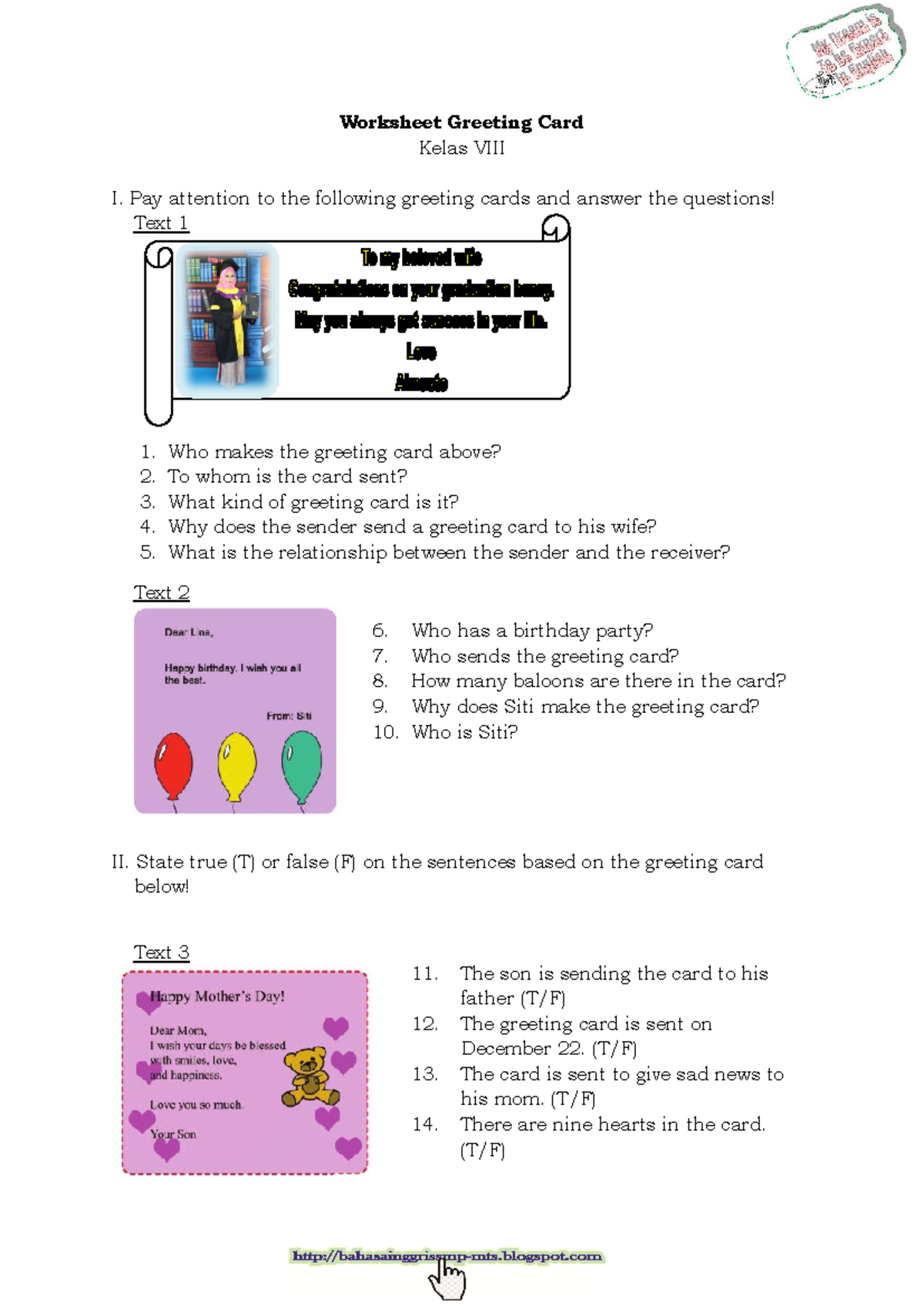 Kelas VIII Worksheet on Greeting Cards: True/False Questions - Studocu