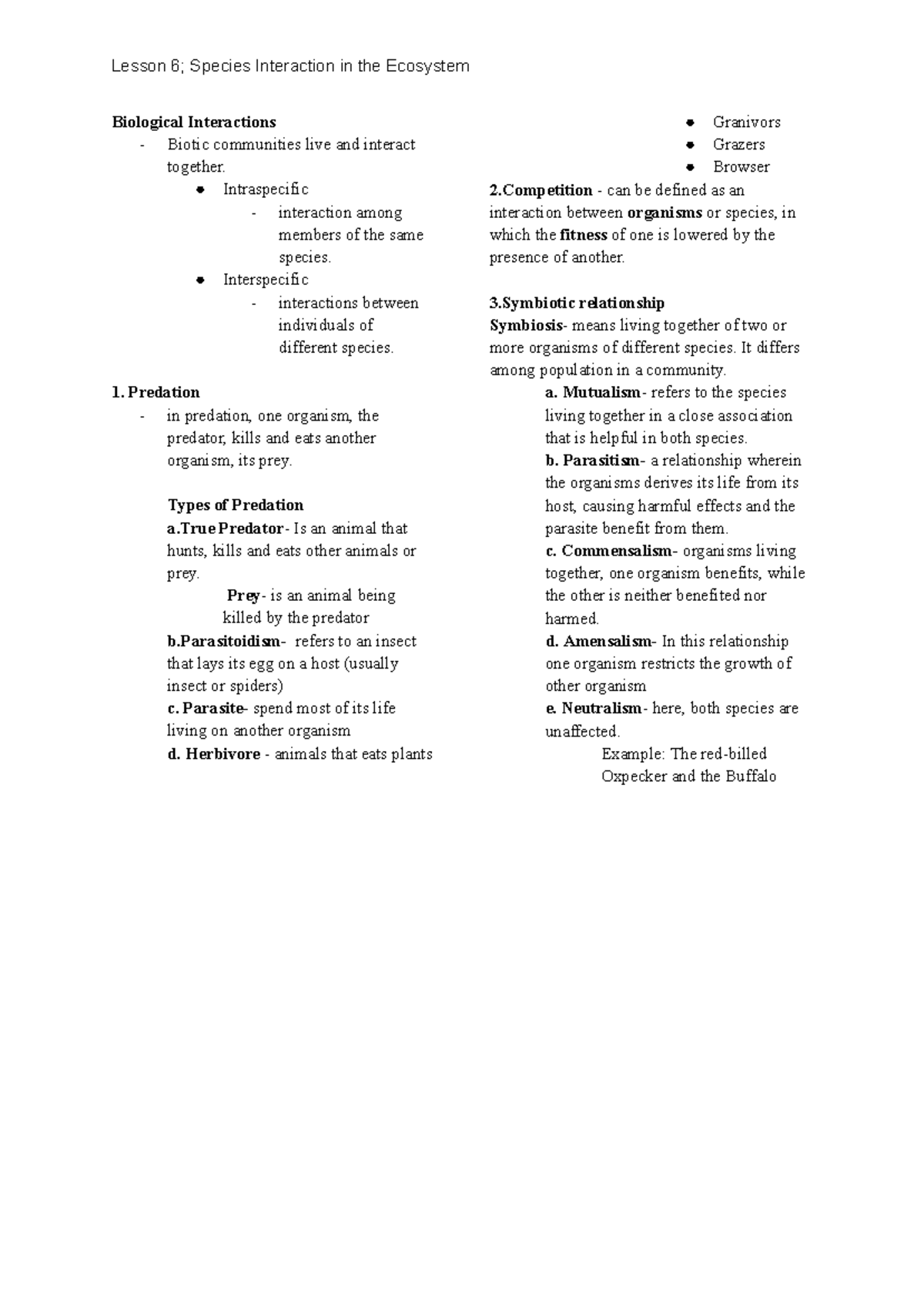 Lesson 6 - Species Interaction in the Ecosystem Notes - Studocu