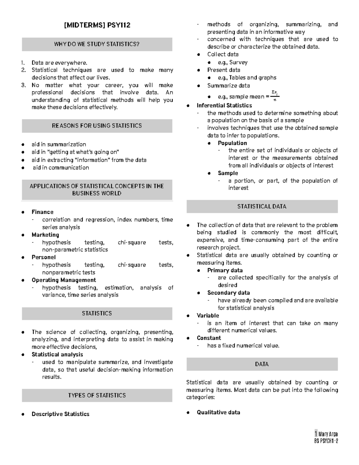 1st Year PSY Midterm Lecture Notes: Importance of Statistics - Studocu