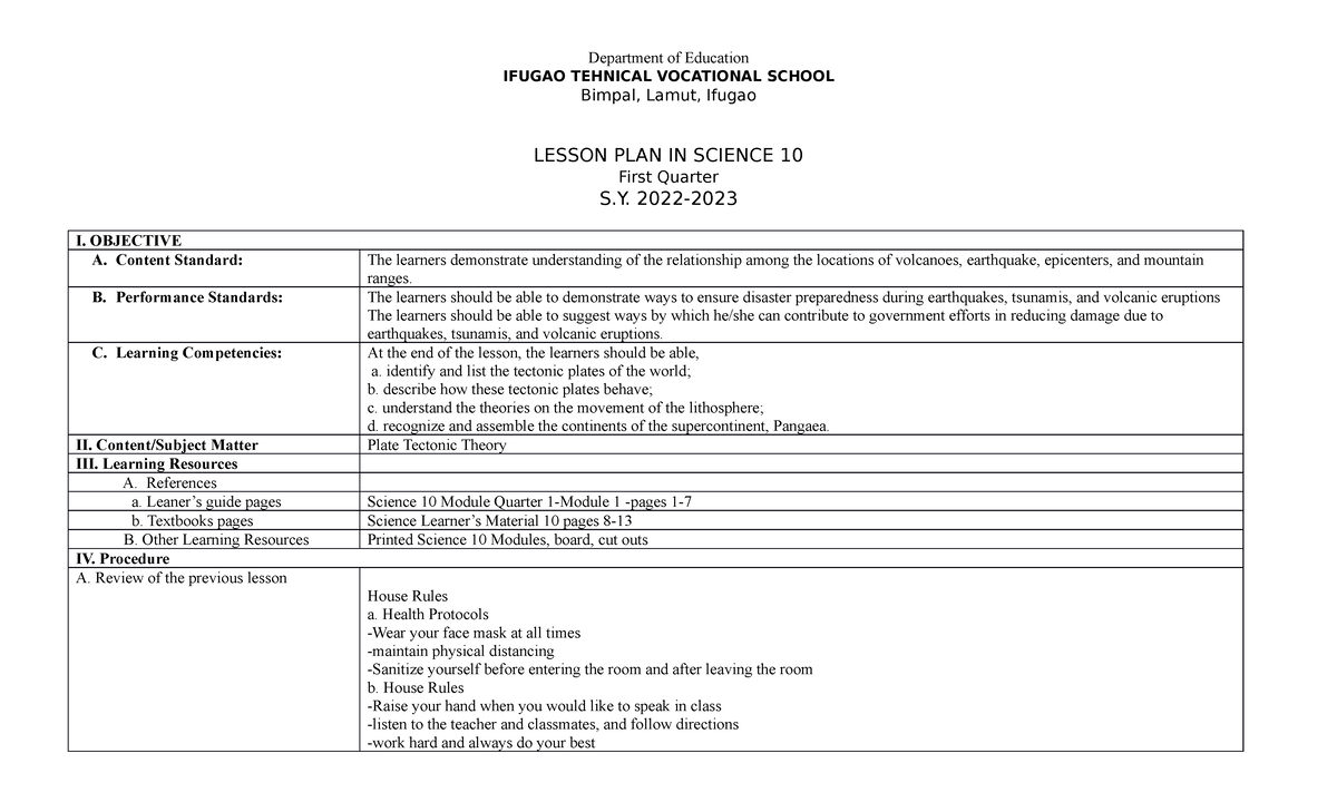 Science 10 - Lesson Plan Module 1: Understanding Plate Tectonic Theory ...