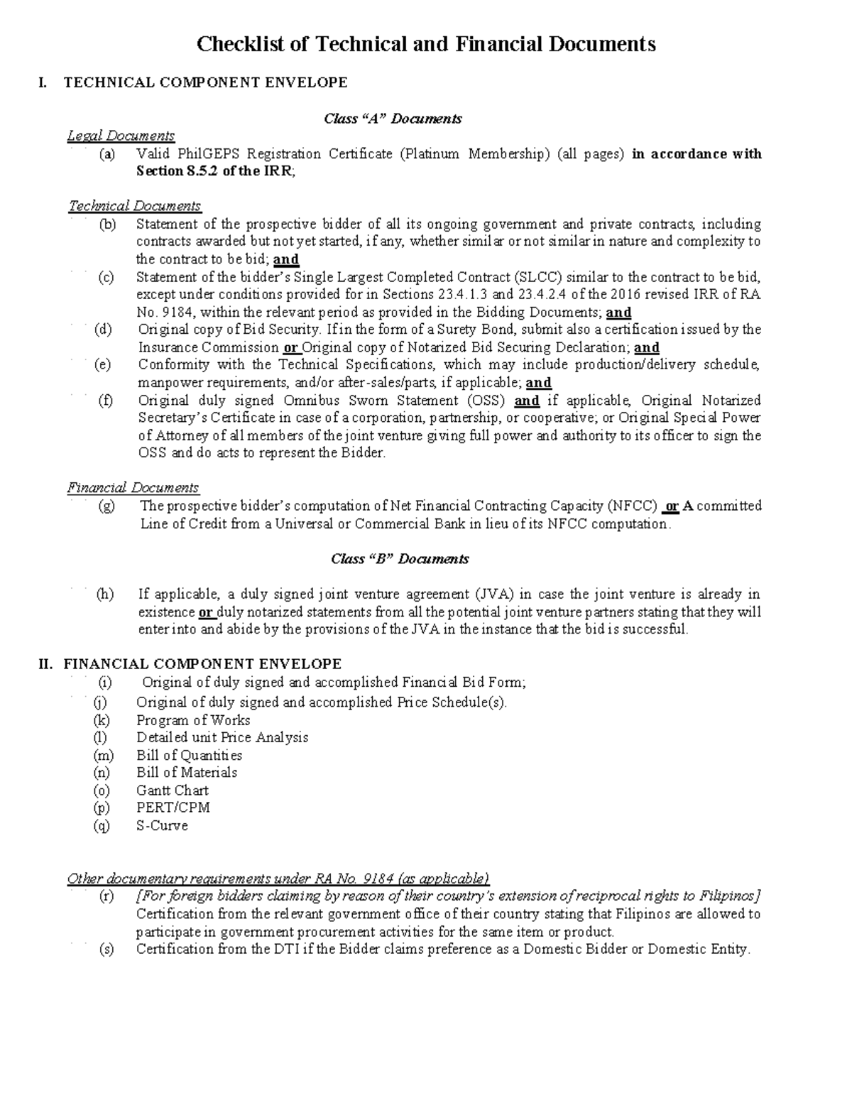 Checklist of Technical & Financial Docs for Bidding (Course Code: RA ...