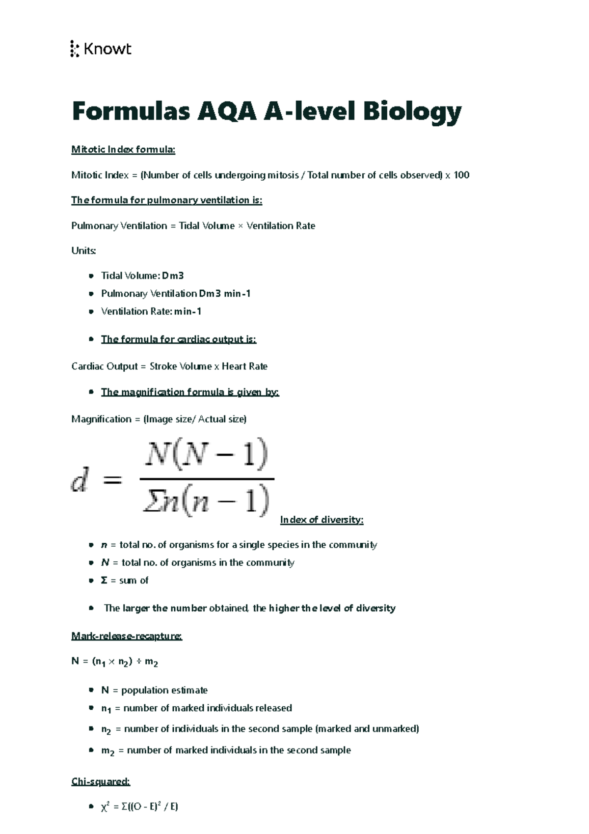 Formulas for AQA A-level Biology: Key Equations & Calculations - Studocu