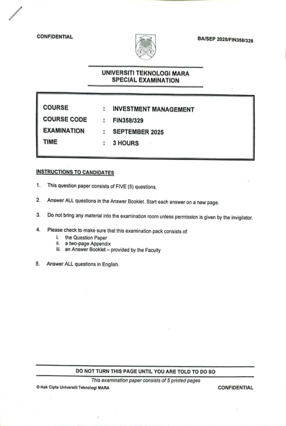 FIN358 SEPT 2025 - Special Examination Paper on Investment Management ...