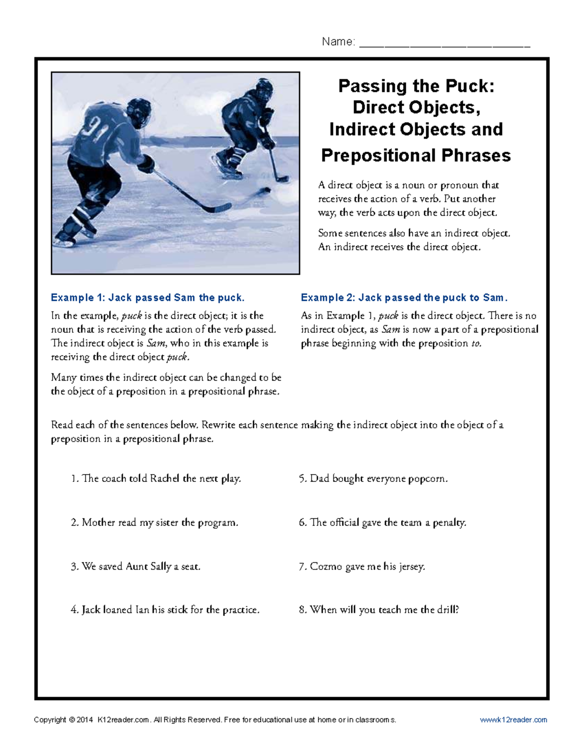 Passing the Puck: Direct & Indirect Objects, Prepositional Phrases ...