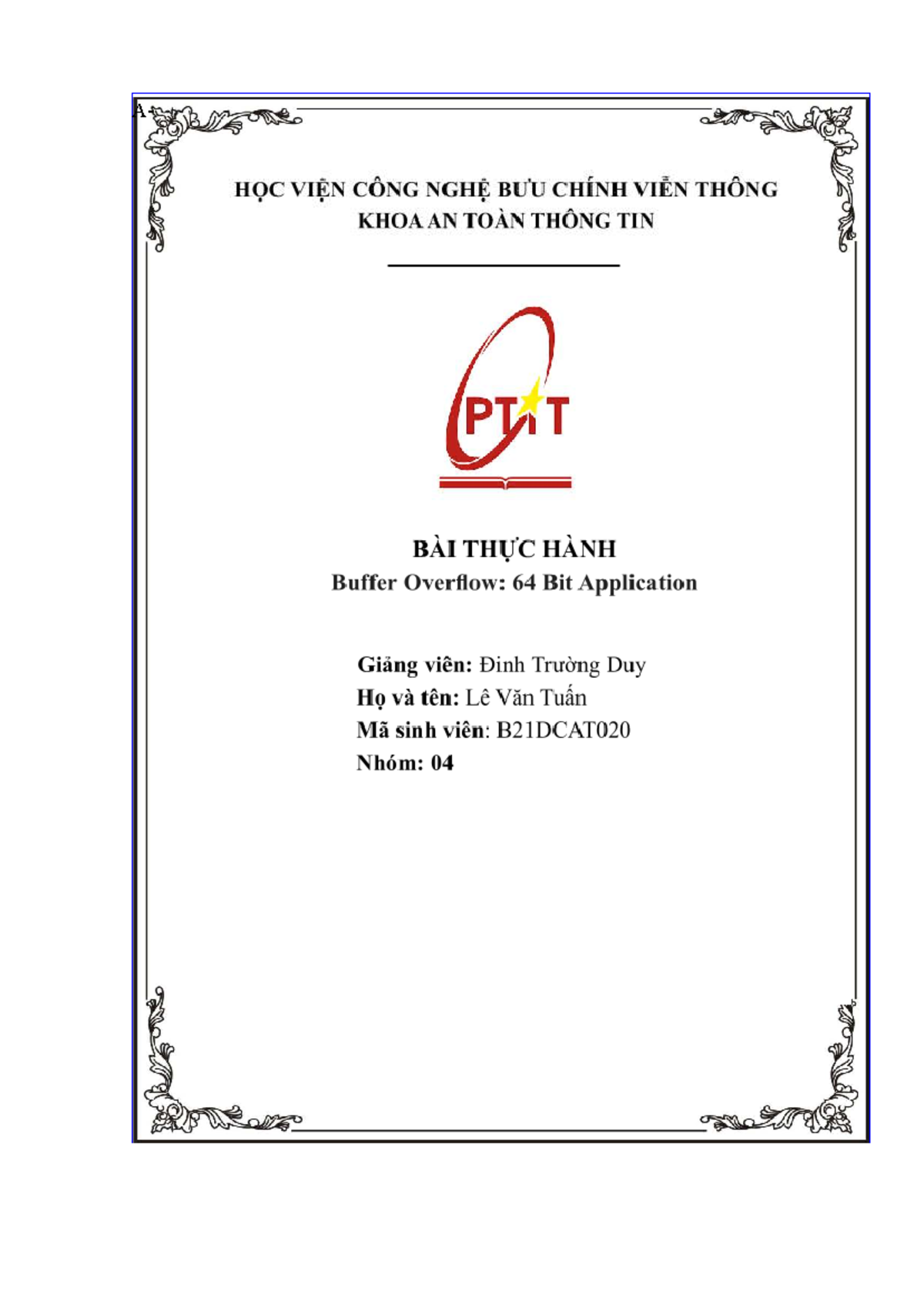 Bài Thực Hành Buffer Overflow: 64-Bit App - B21DCAT020 - buf64 - Studocu