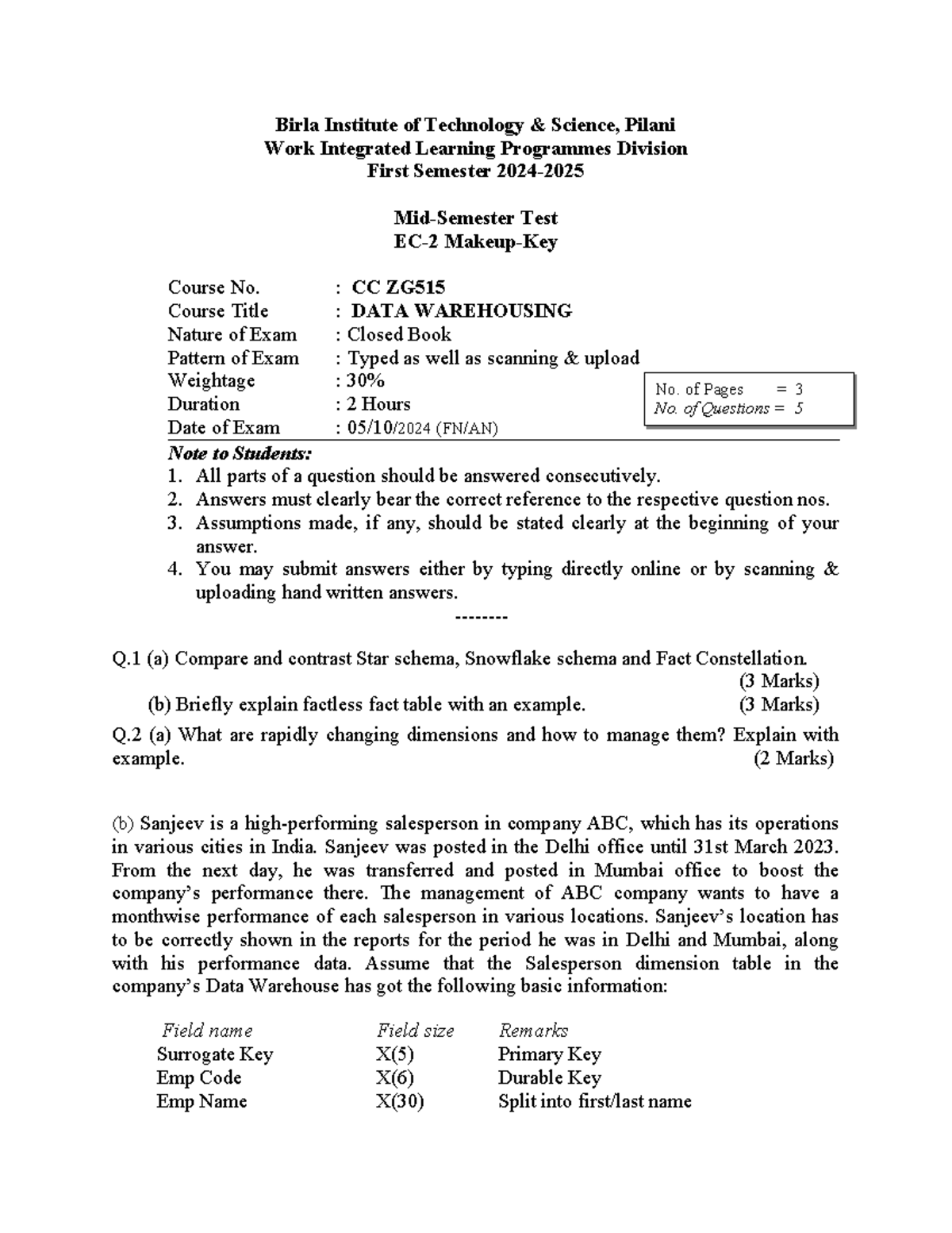 DWH Mid-Semester EC2-Makeup Exam Key - CC ZG515 Data Warehousing - Studocu