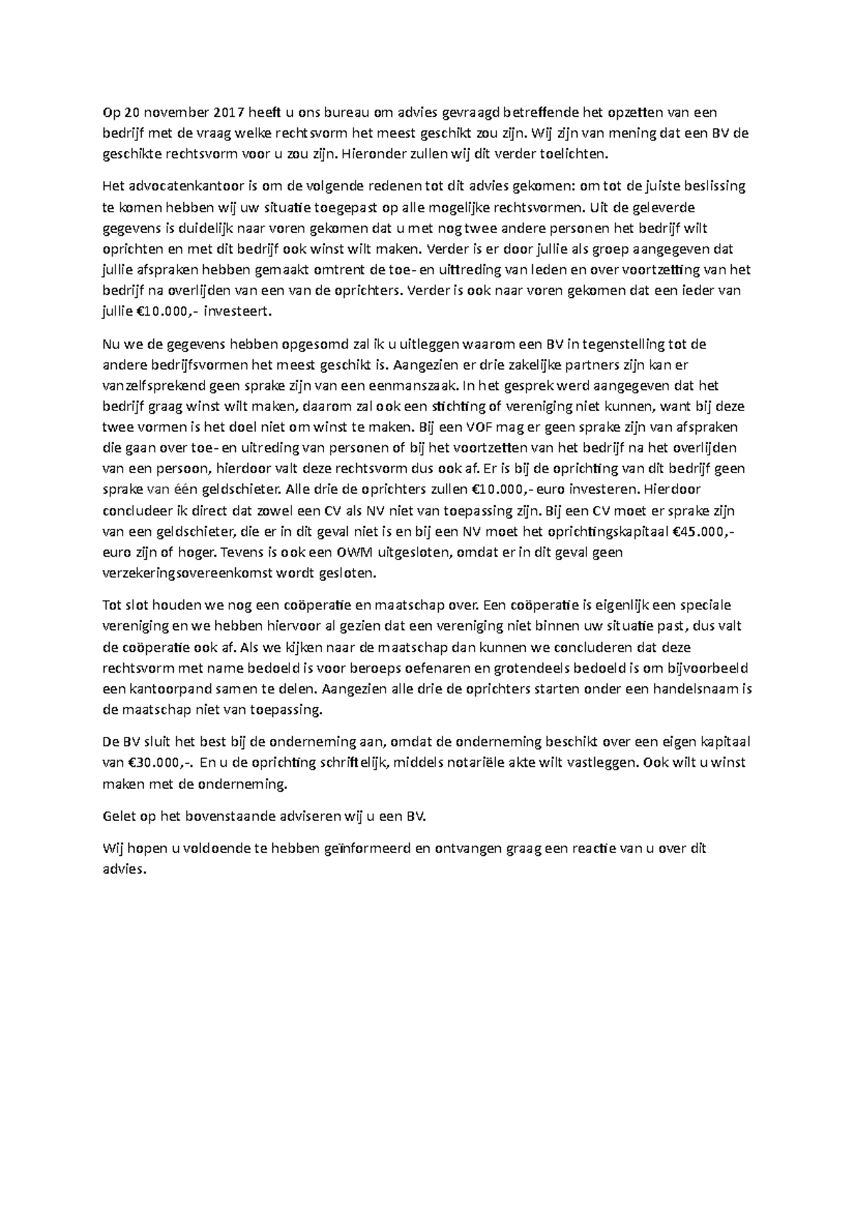Adviesbrief: Geschikte Rechtsvorm BV voor Bedrijfsoprichting - Studeersnel