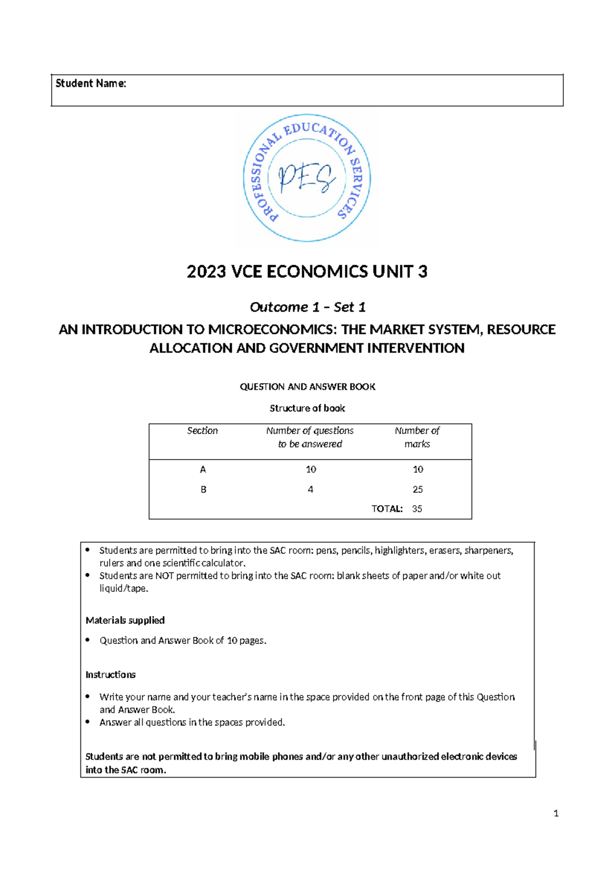 2023 VCE ECONOMICS UNIT 3 AOS 1 Set 1 Microeconomics Q&A Guide - Studocu