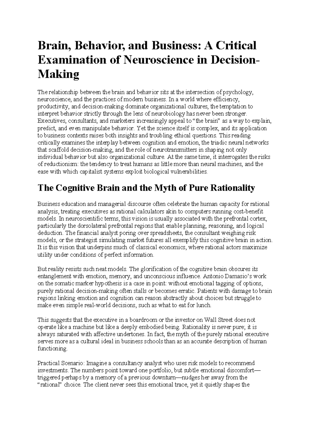 Critical Insights on Neuroscience in Business Decision-Making: Reading ...
