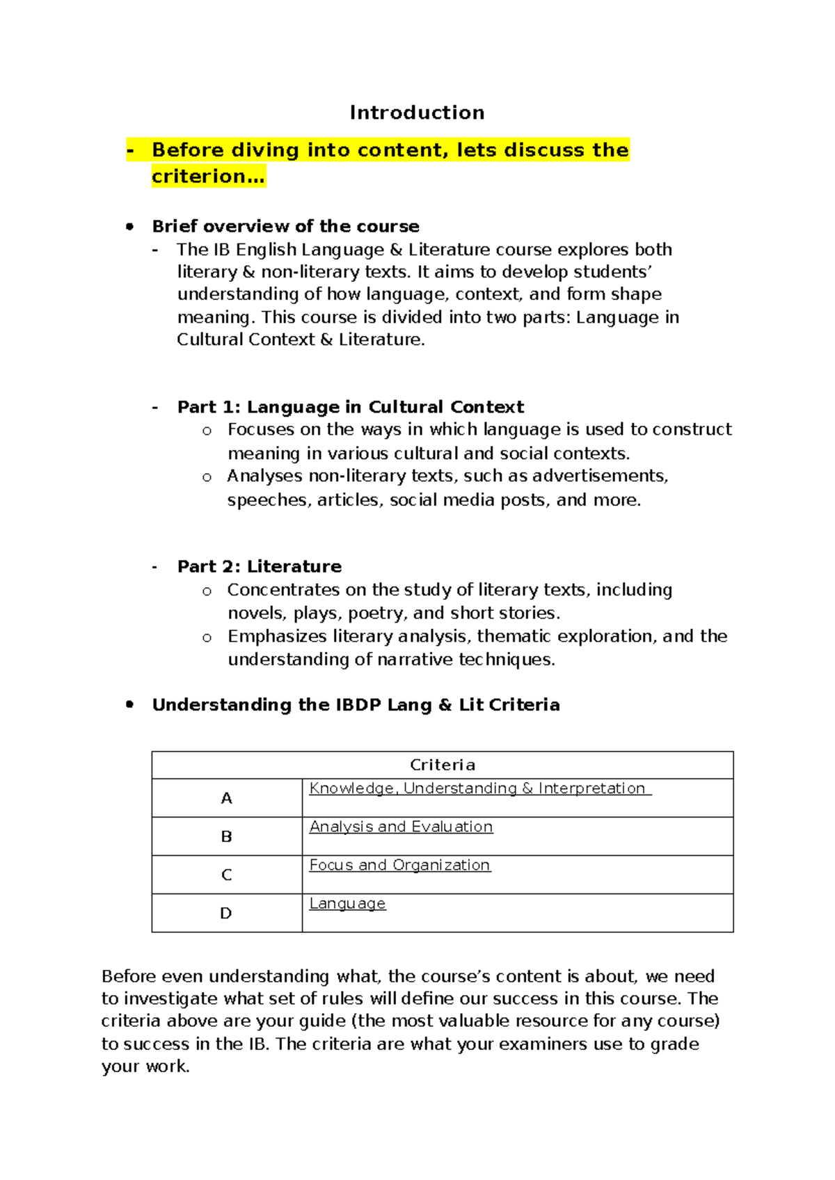IB Eng Lang Lit - Course Overview and Criterion Insights (Draft 1 ...