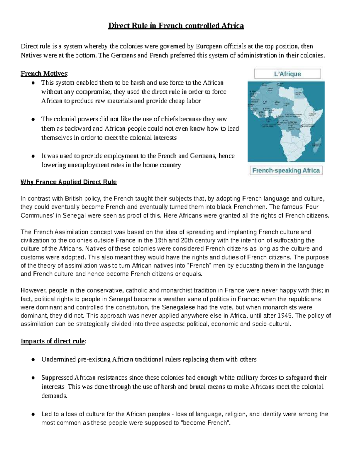 Direct Rule in French-Controlled Africa: Impacts and Motives - Studocu