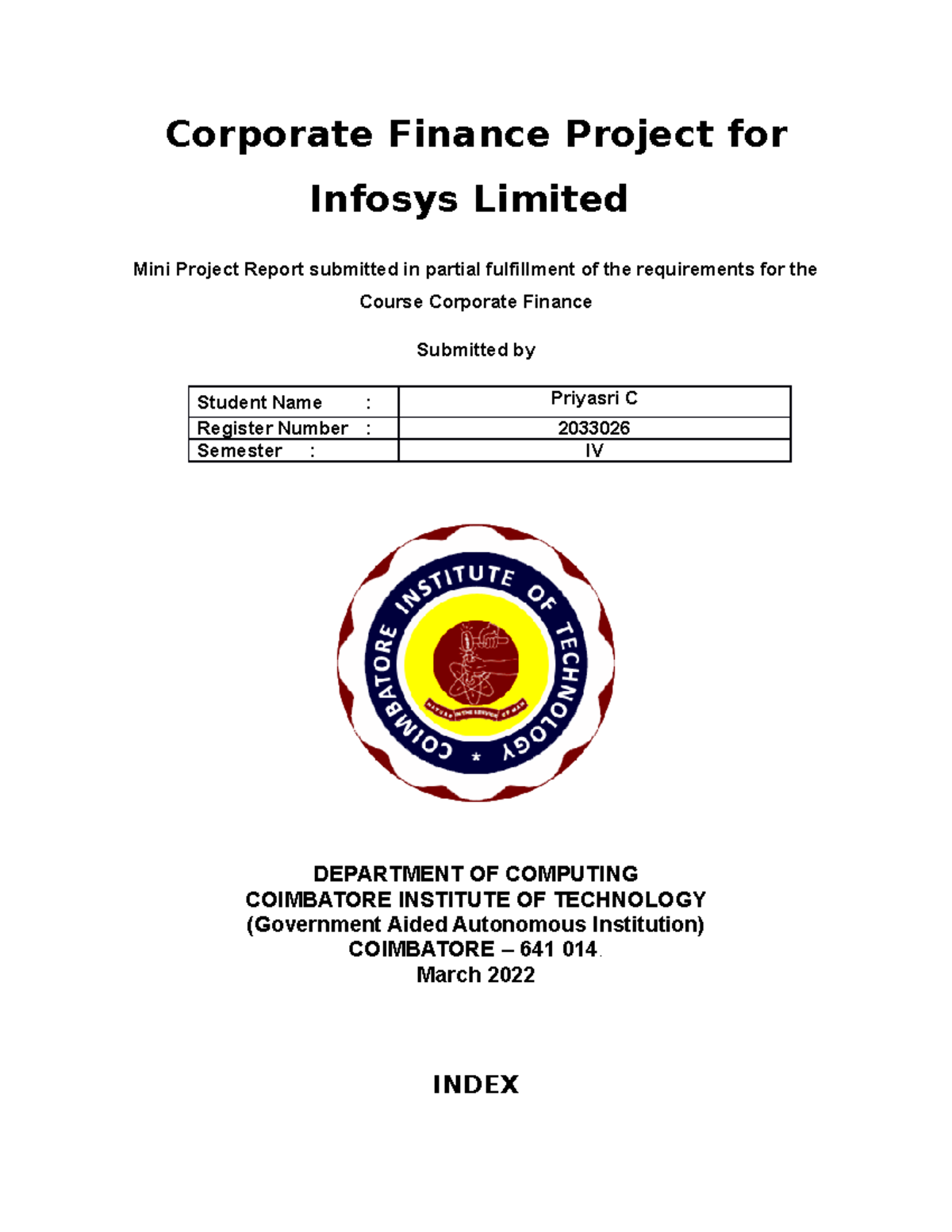 Corporate Finance Mini Project Report on Infosys Limited (CF 2022 ...