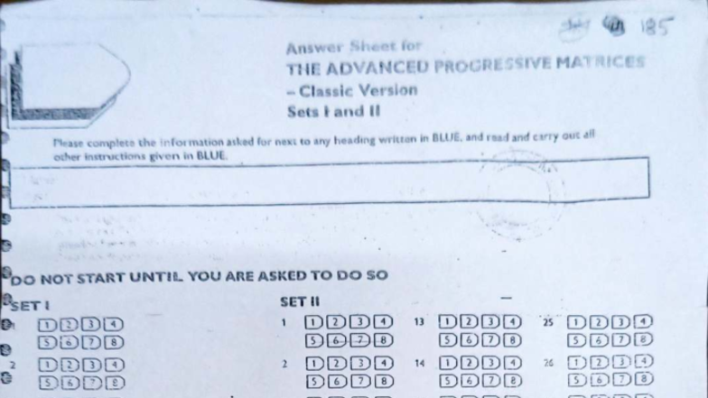 185 Answer Sheet for THE ADVANCED PROGRESSIVE MATRICES Sets 1 & 2 - Studocu
