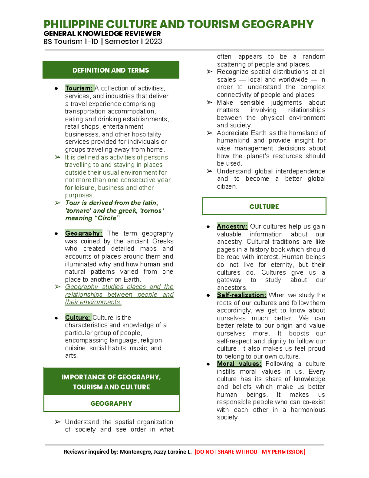 PCTG-BS Tourism 1-1D - General Knowledge Reviewer Guide - Studocu