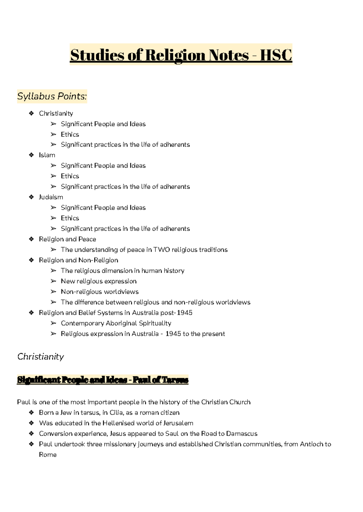HSC Studies of Religion Notes: Christianity, Islam, and Ethics - Studocu