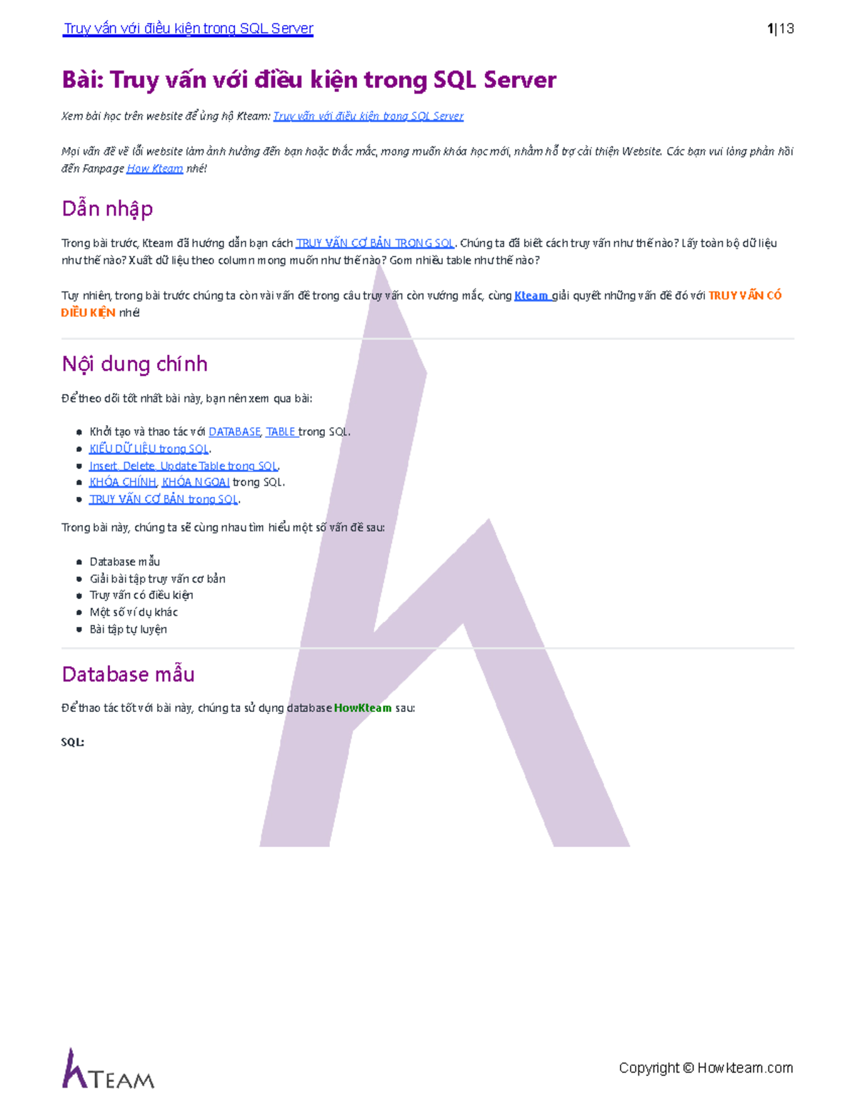 Truy vấn Có Điều Kiện trong SQL Server - Bài Học HowKteam.VN - Studocu