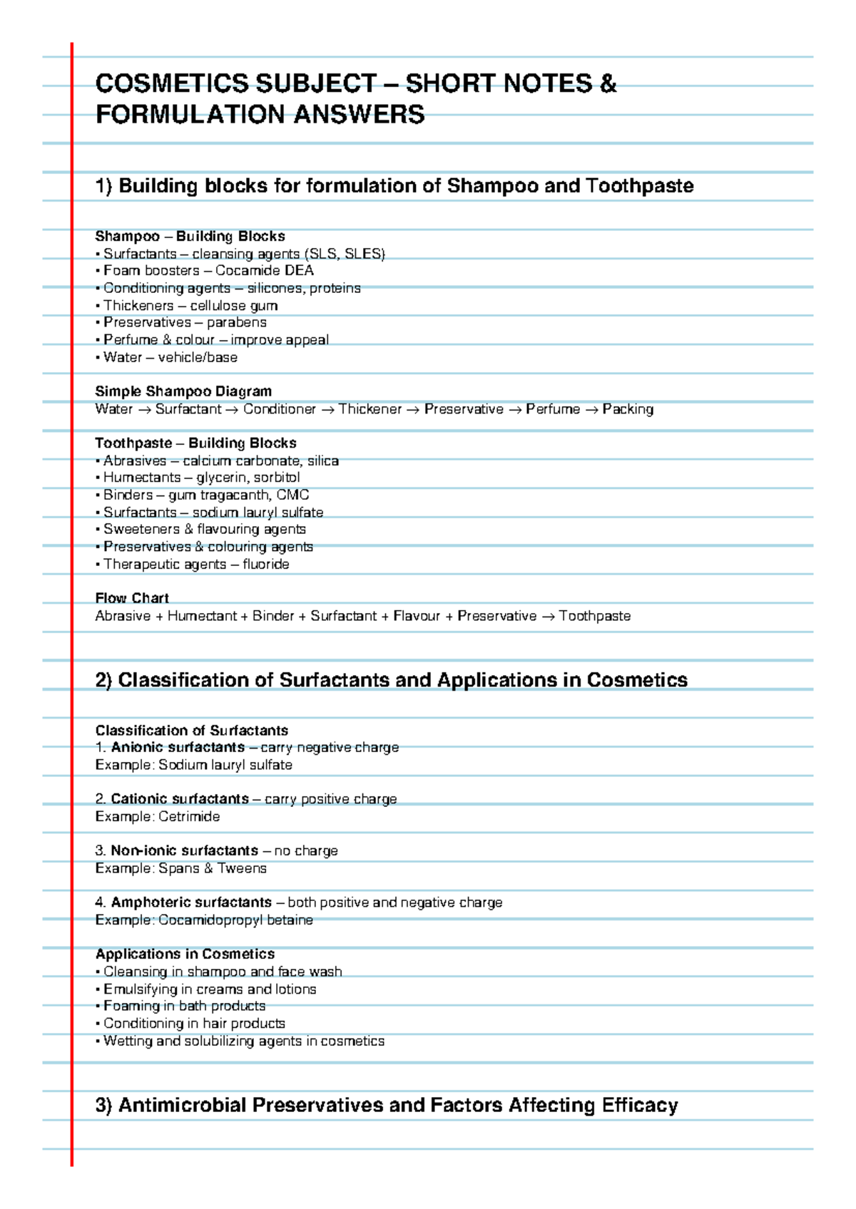COSC 101: Short Notes on Cosmetic Formulations and Surfactants - Studocu