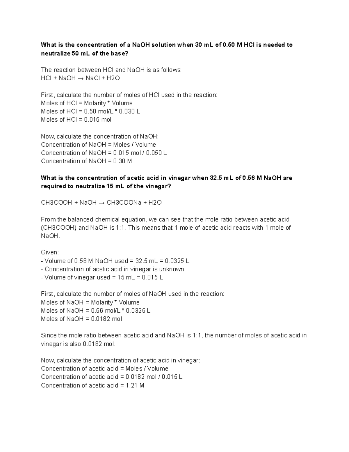 Titration Calculations for Acid-Base Reactions in Chemistry - Studocu