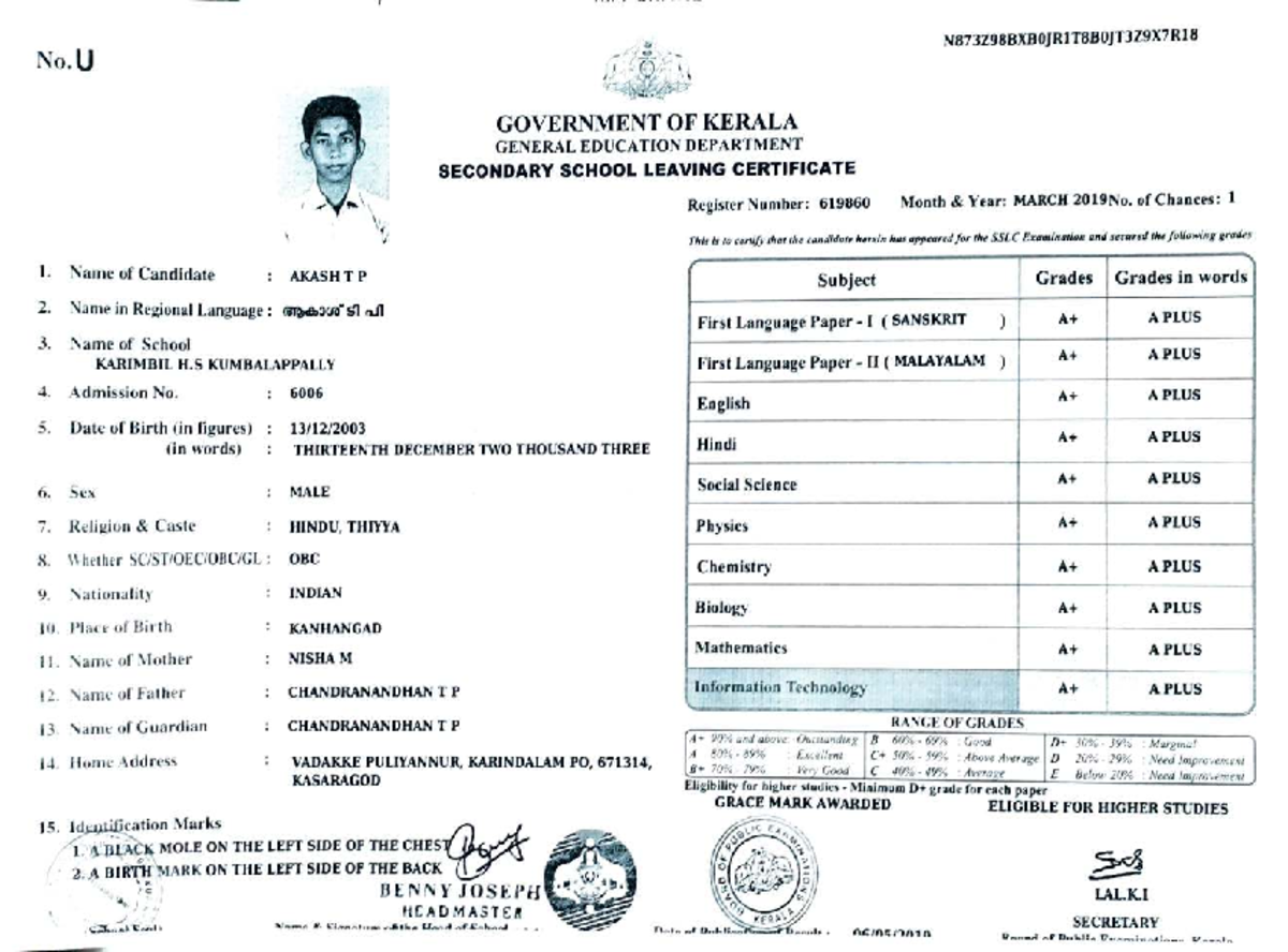 SSLC Examination Certificate - March 2019 - Kerala Education Dept - Studocu