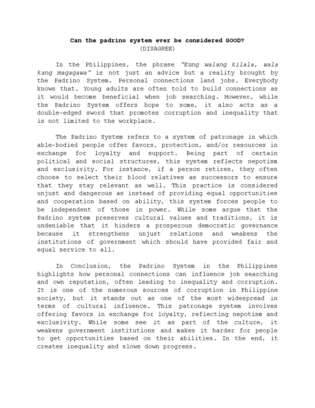 Position Paper - Padrino System: A Critical Analysis of Corruption ...