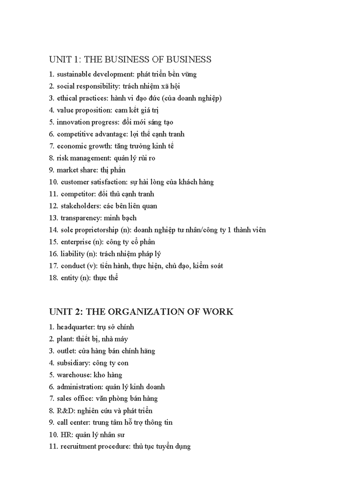 UNIT 1-6: VOCABULARY FOR BUSINESS AND ORGANIZATION STUDIES - Studocu