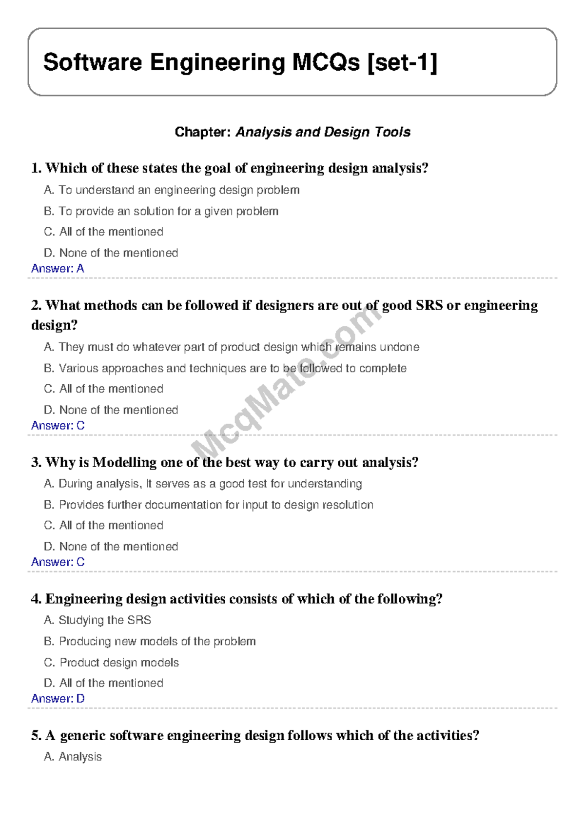 Software Engineering (SE1001) Chapter MCQs: Analysis & Design Tools Set ...