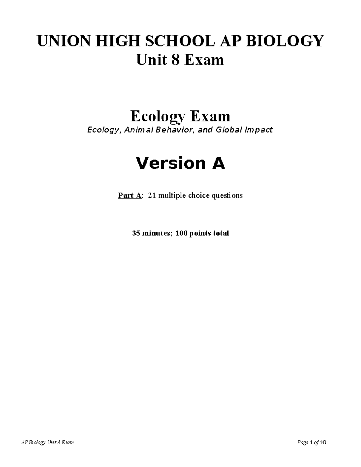 AP Biology Unit 8 Exam: Ecology & Animal Behavior Version A - Studocu