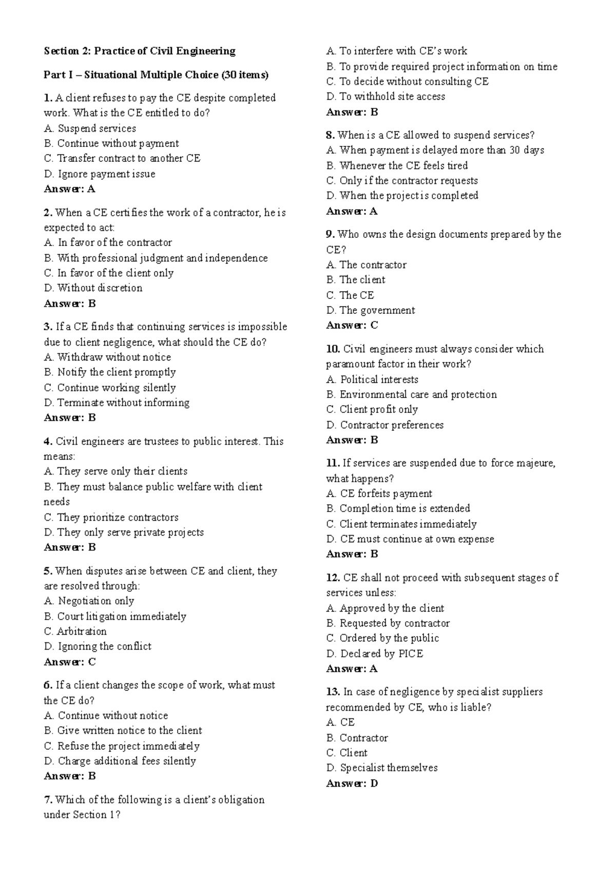 Section 2 & 3 Quiz: Practice of Civil Engineering Situational MCQs ...