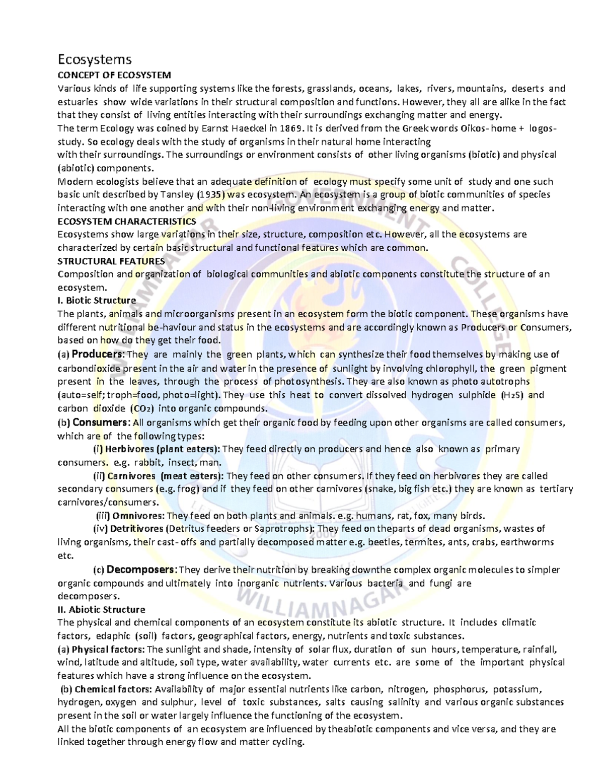 Unit 2 - Notes - Ecosystems CONCEPT OF ECOSYSTEM Various kinds of life ...