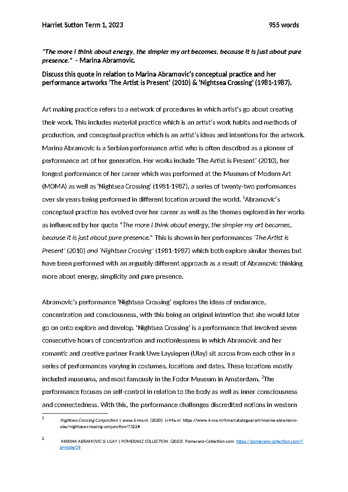 Visual ARTS Essay: Marina Abramovic's Conceptual Practice & Performance ...