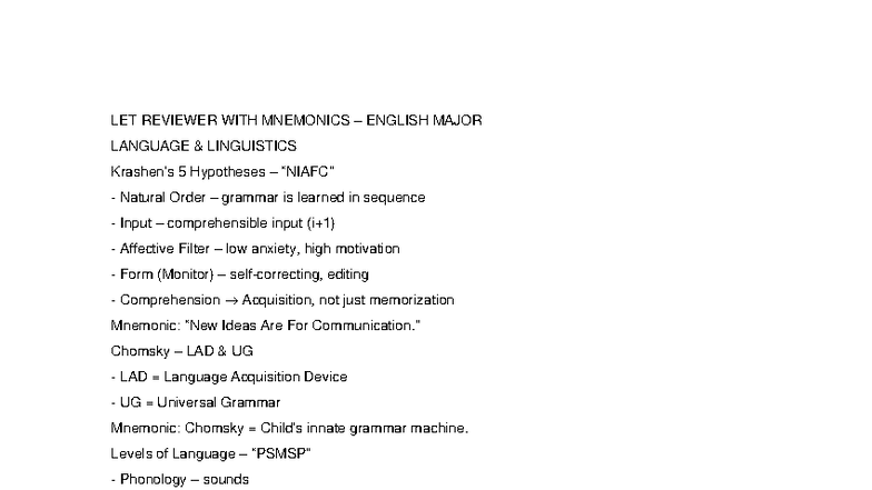 LET English Reviewer Mnemonics With Questions - LET REVIEWER WITH ...