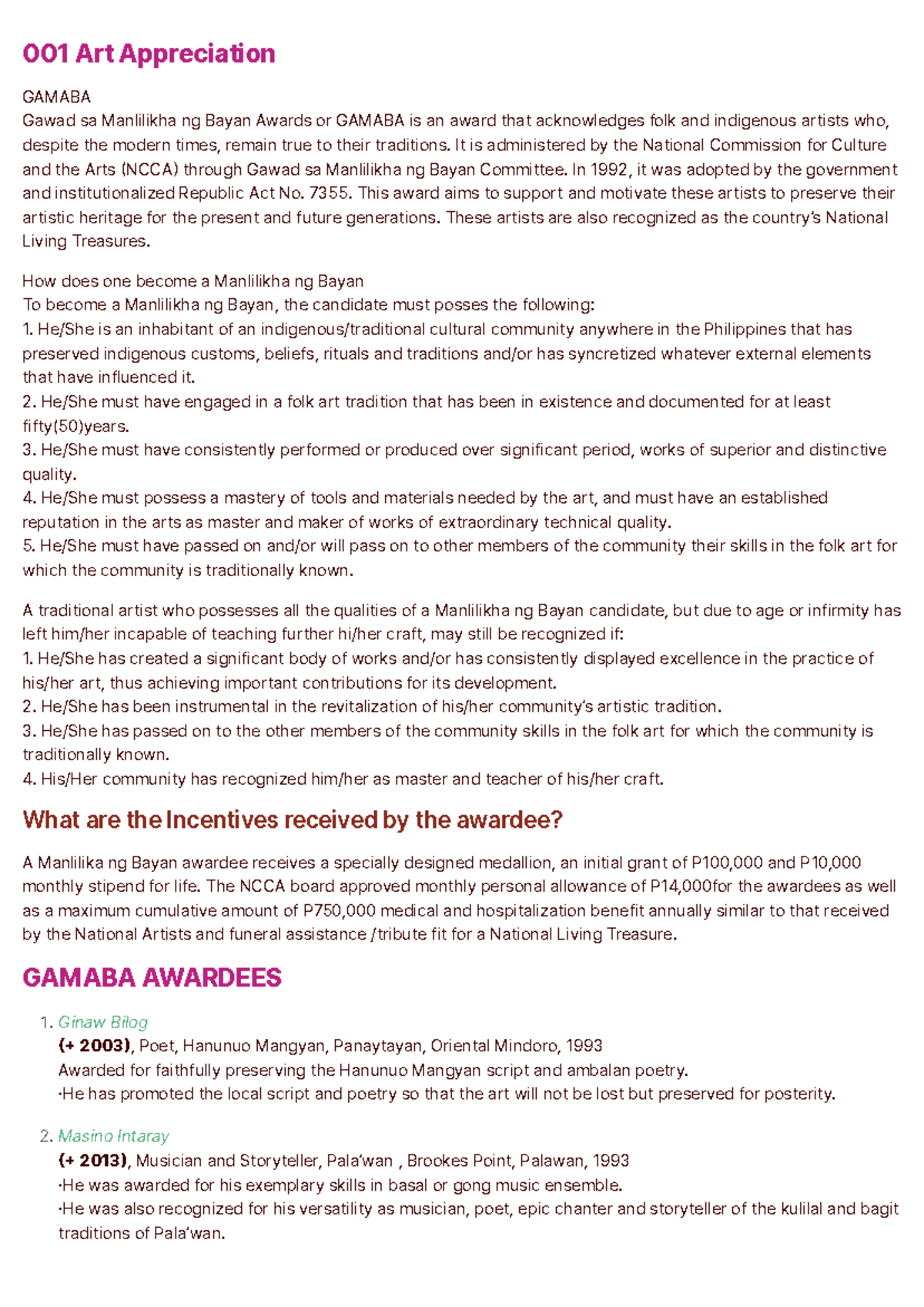 GAMABA Artists: Summary of Folk and Indigenous Awards & Legacies - Studocu