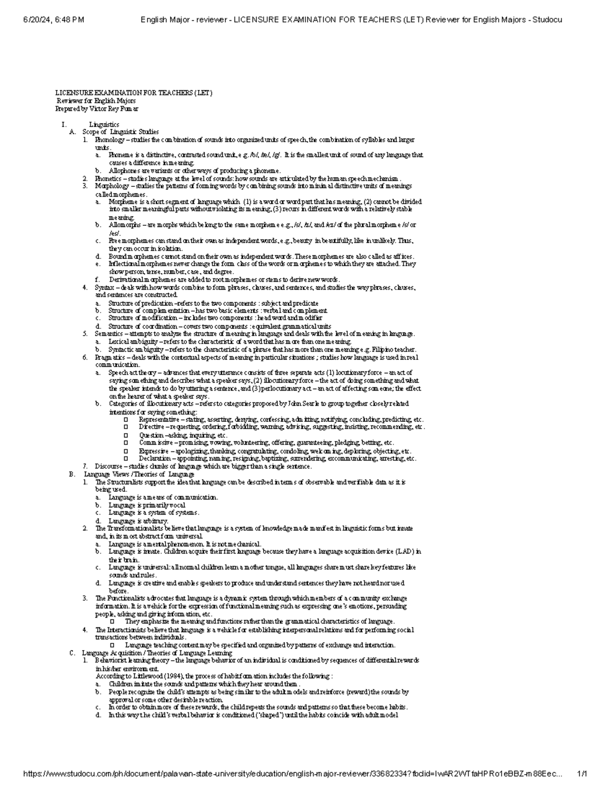 English - Reviewer for Linguistics (LET) Exam by Victor Rey Fumar - Studocu