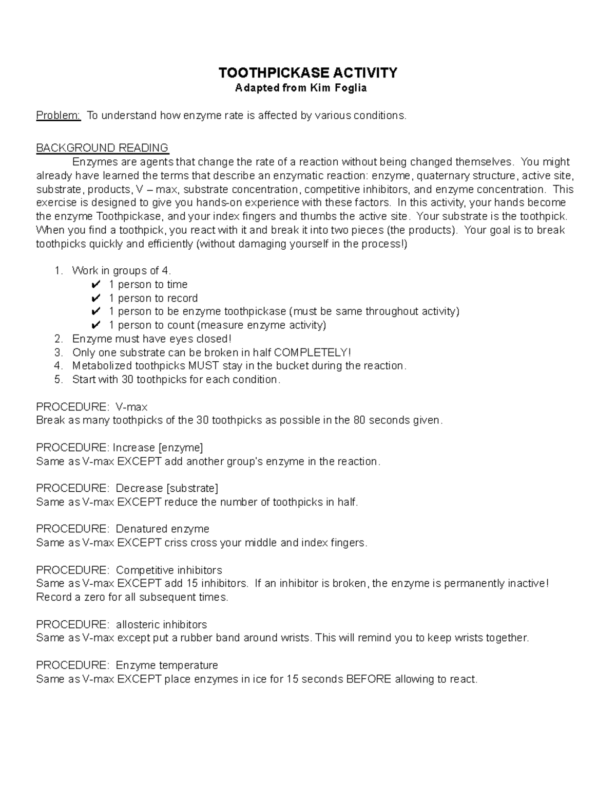 Toothpickase Activity: Enzyme Reaction Rates & Conditions (2021) - Studocu