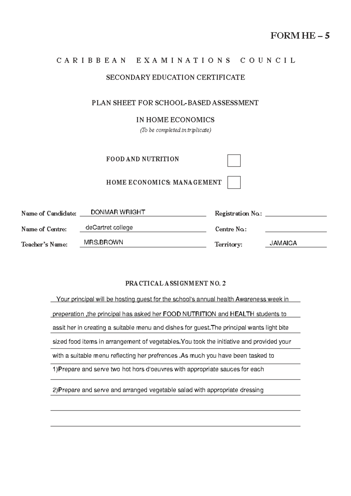 CSEC Home Economics SBA Plan Sheet HE-5: Practical Assignment Menu ...