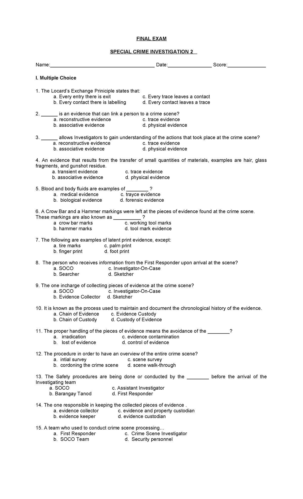 FINAL EXAM SPECIAL INVESTIGATION 2: Multiple Choice Questions - Studocu