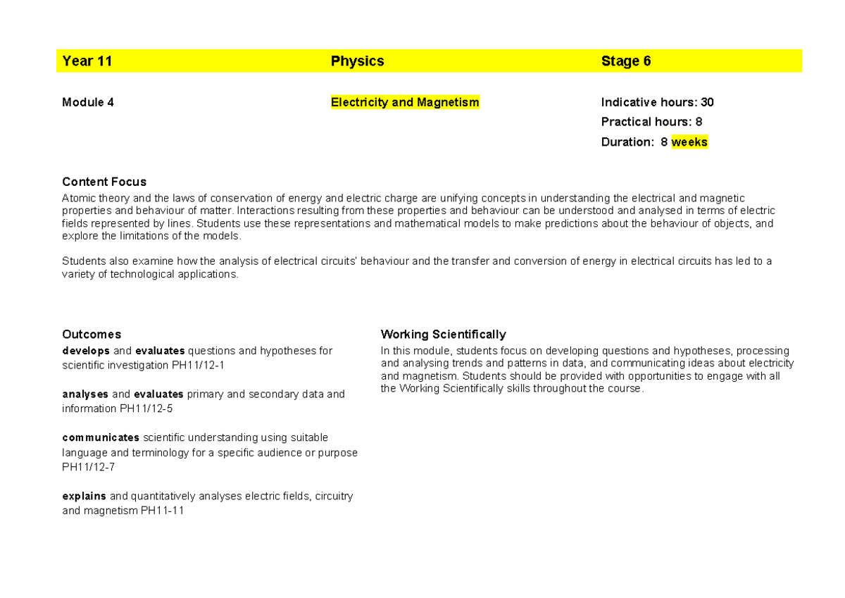 Year 11 Physics: Module 4 - Electricity & Magnetism Overview - Studocu