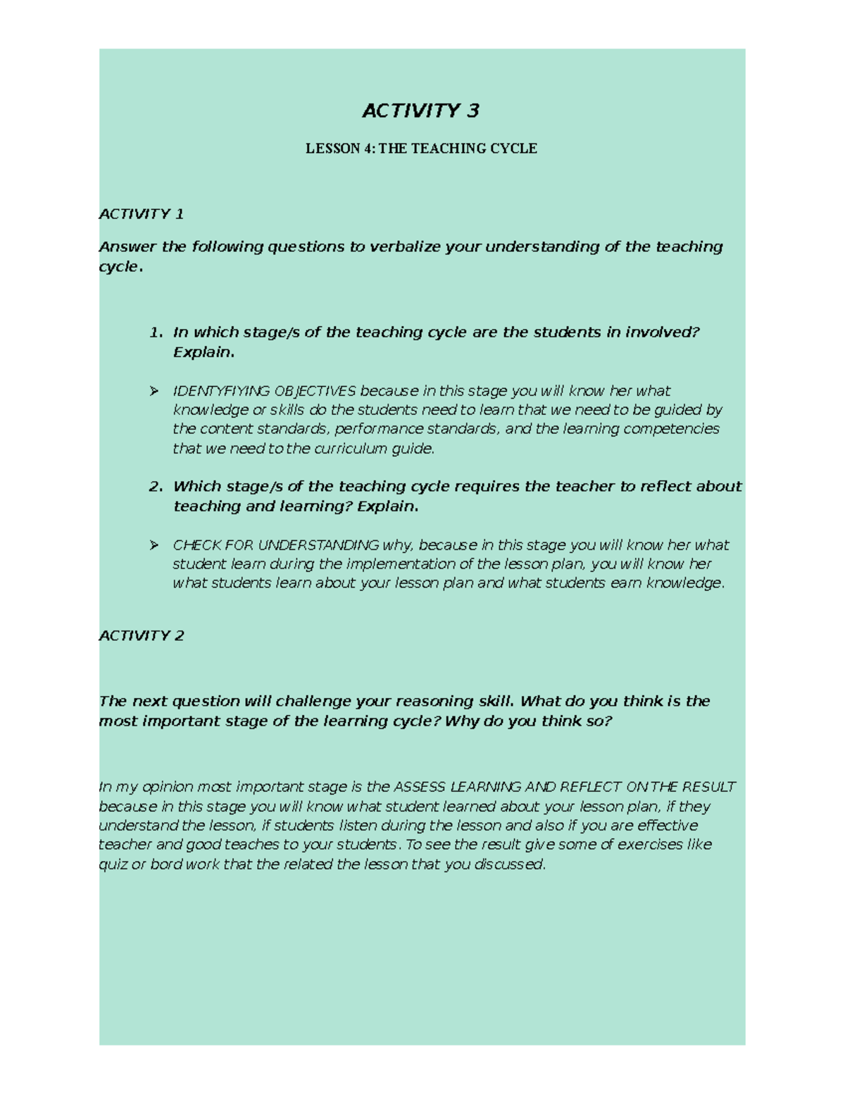 Activity 3 MATH - Lecture notes 1-3 - ACTIVITY 3 LESSON 4: THE TEACHING ...
