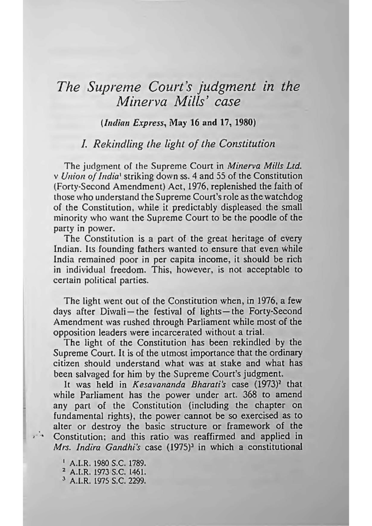 Minerva Mills Case Analysis: Supreme Court's Landmark Judgment - Studocu