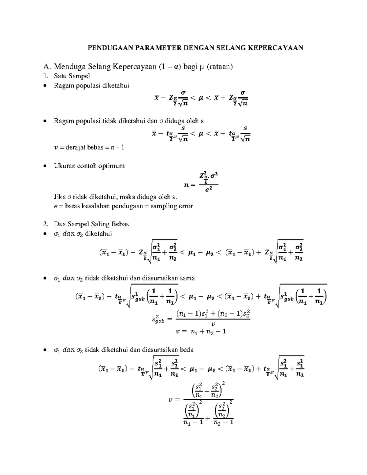 Rangkuman Rumus Selang Kepercayaan dan Contoh Soal Statistika - Studocu