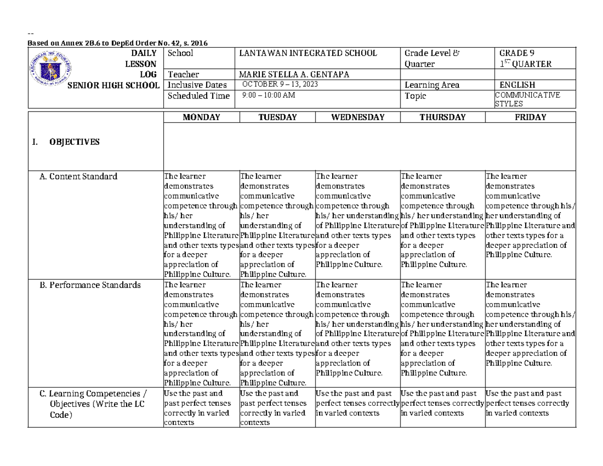 DLL-ENG 7 - 1st Qtr Lesson Plan on Communicative Styles - Studocu