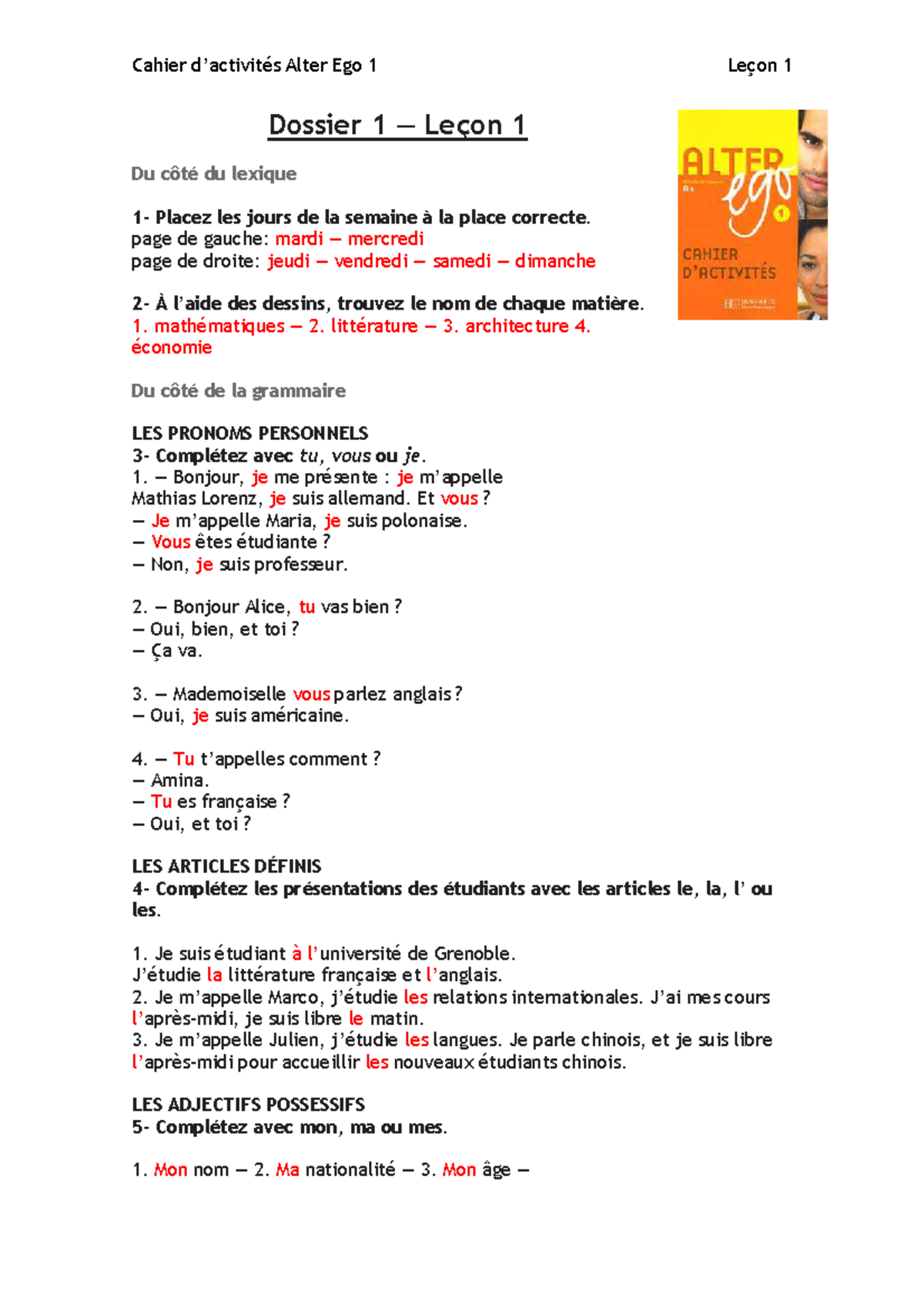 Cahier Alter Ego 1 Leçon 1: Lexique et Grammaire en Français - Studocu