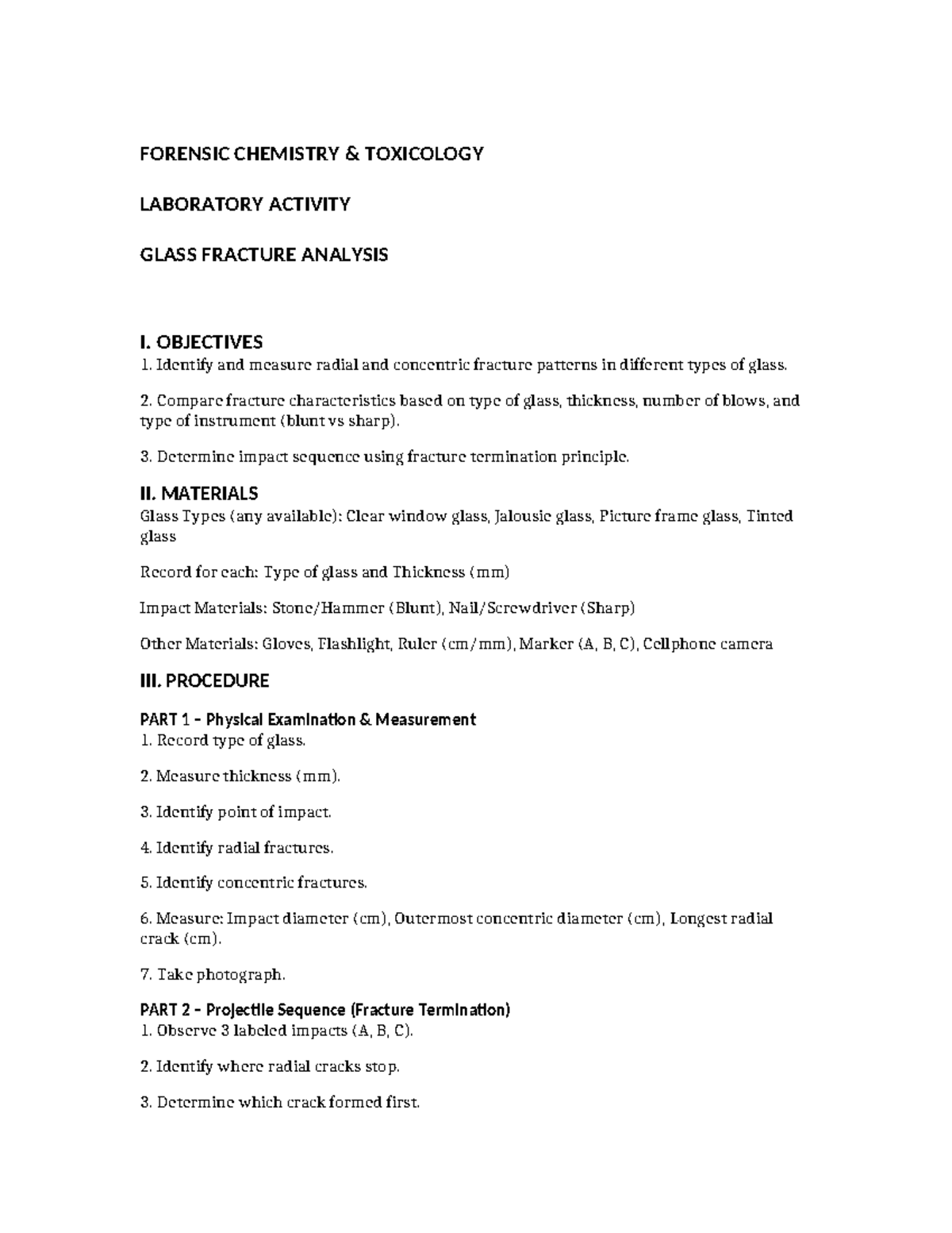 Forensic Chemistry Toxicology Lab: Glass Fracture Analysis - Studocu