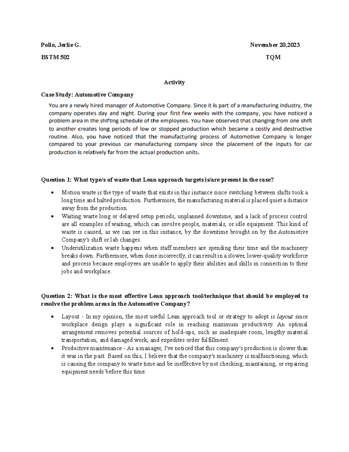 BSTM 502 TQM Activity 01 Case Study: Lean Waste Analysis - Studocu