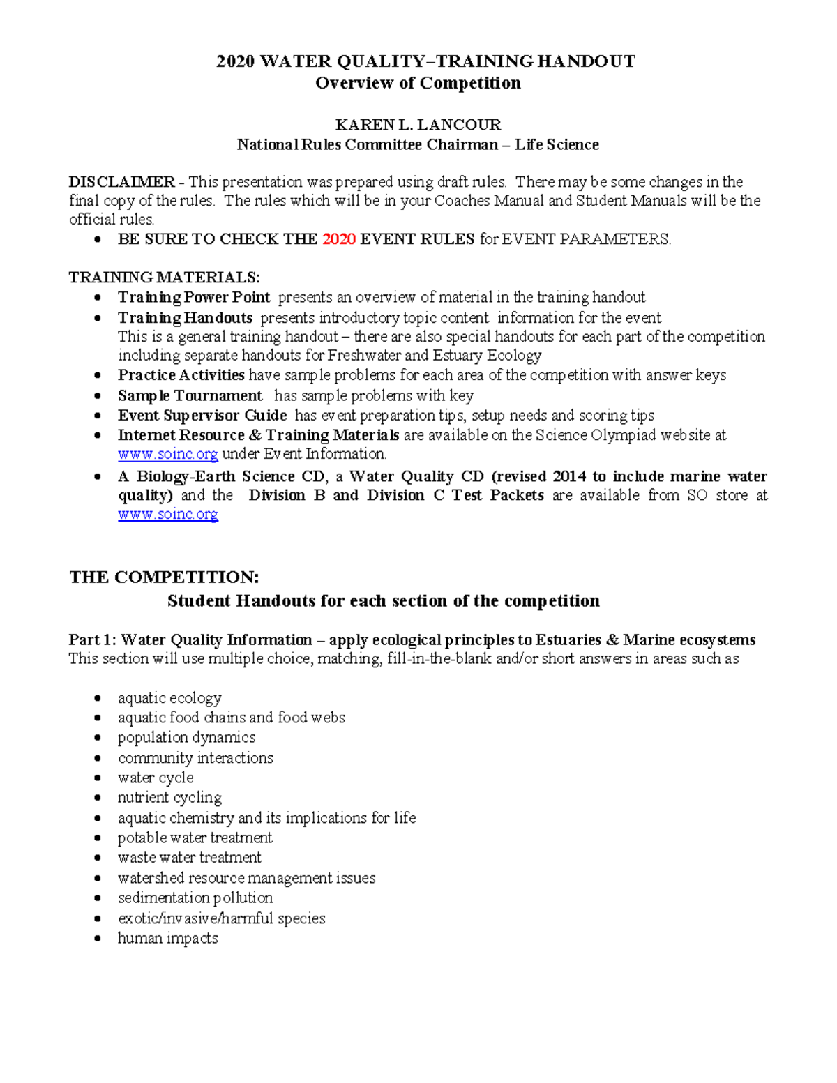 2020 WATER QUALITY HANDOUT: Overview of Competition & Training - Studocu