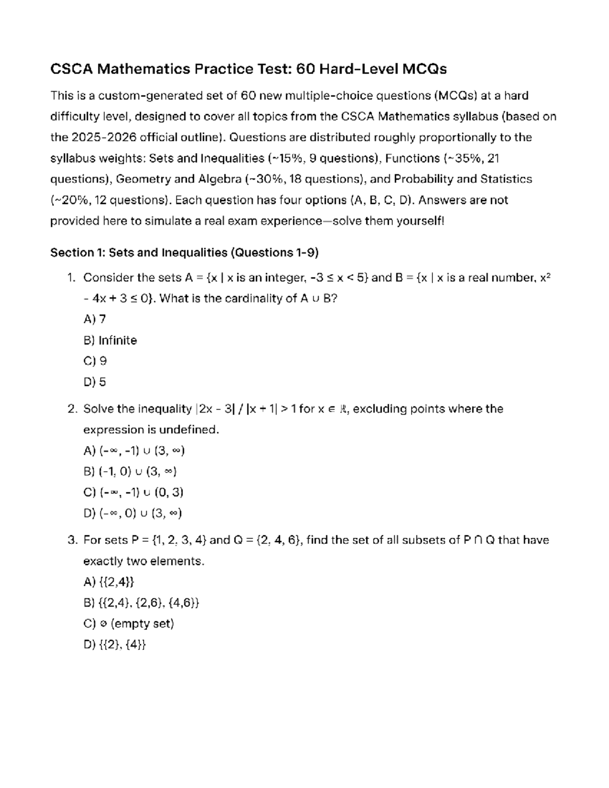 CSCA Mathematics Practice Test: 60 Hard MCQs for Review - Studocu
