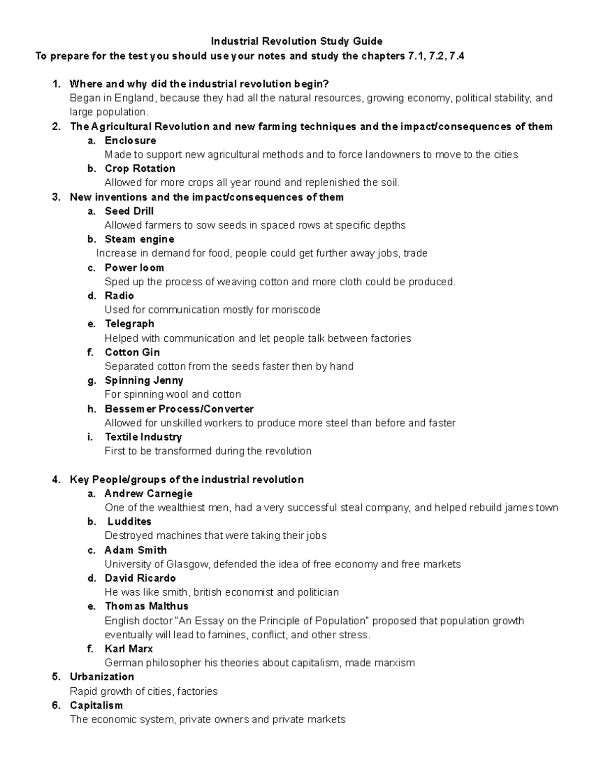 Industrial Revolution Study Guide (Ind. Rev. S/G 2025) - Studocu