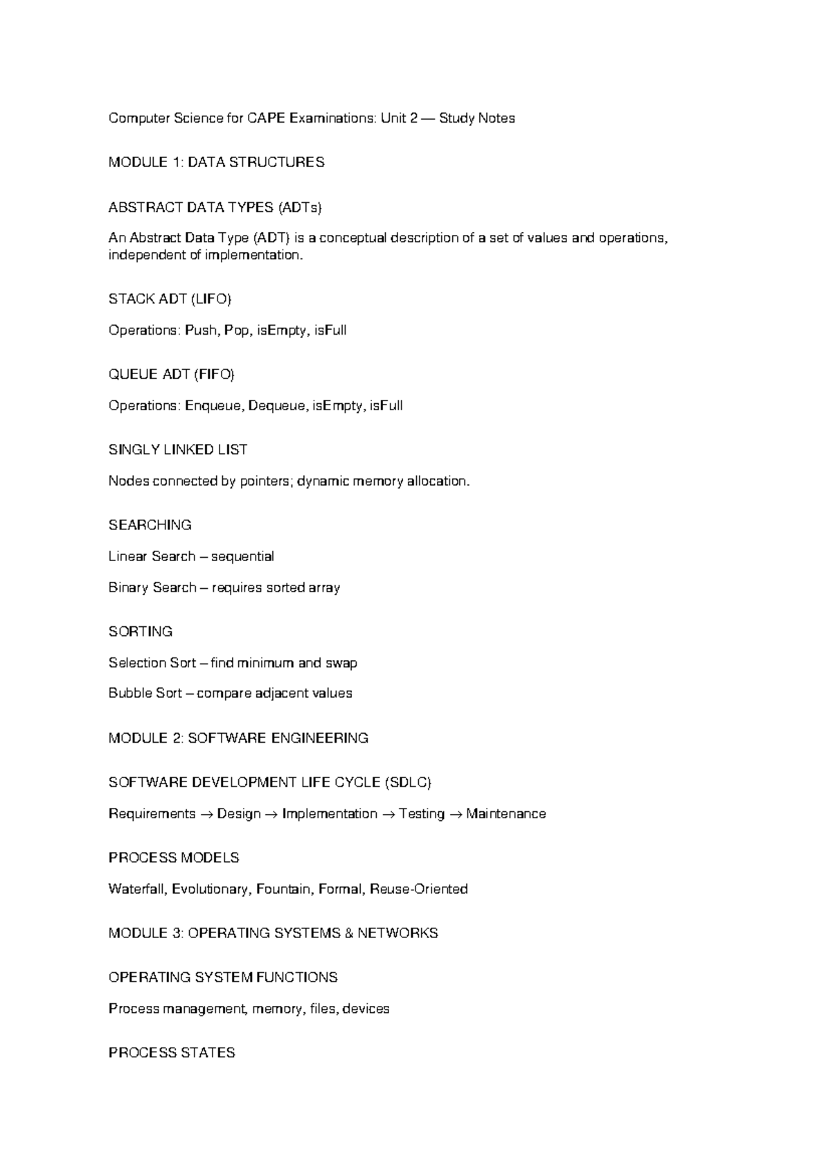 CAPE CS Unit 2 Study Notes: Data Structures & Software Engineering ...